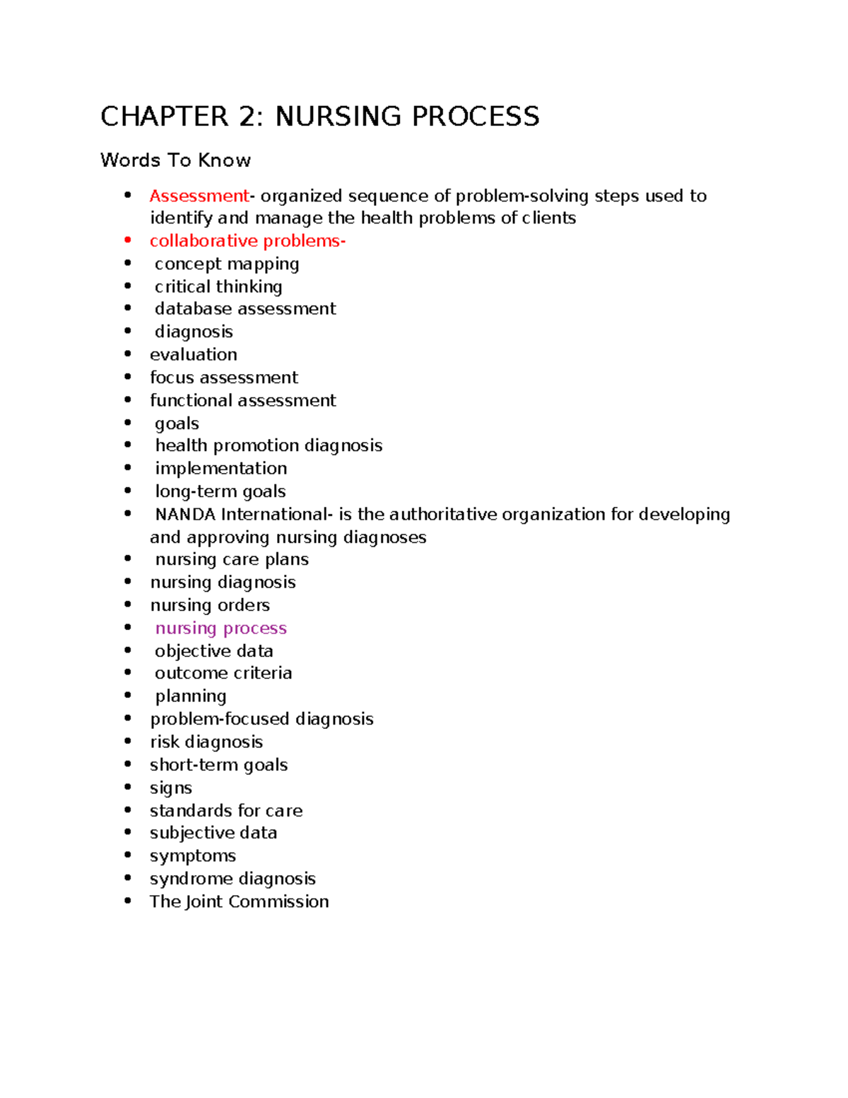 NURS 101: Chapter 2 - Understanding the Nursing Process and Key Terms ...