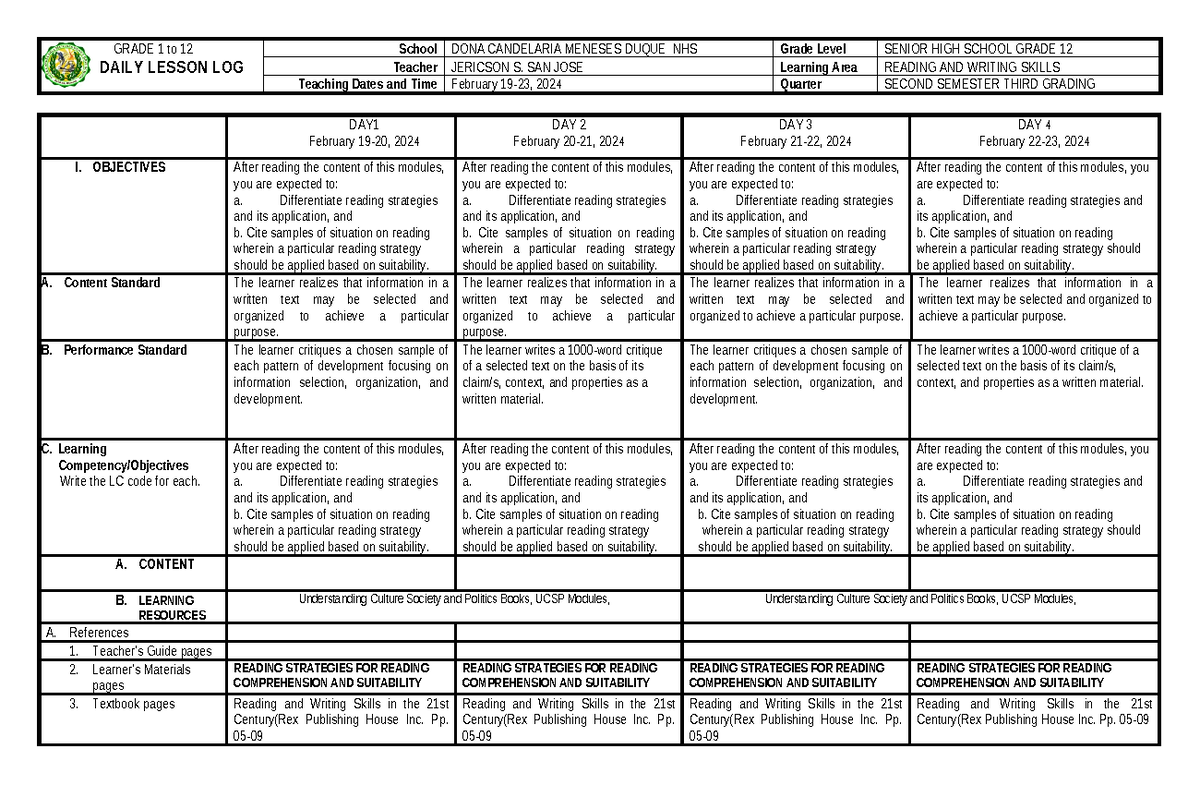 GRADE 12 READING & WRITING SKILLS: Daily Lesson Log (Feb 20-24, 2024 ...