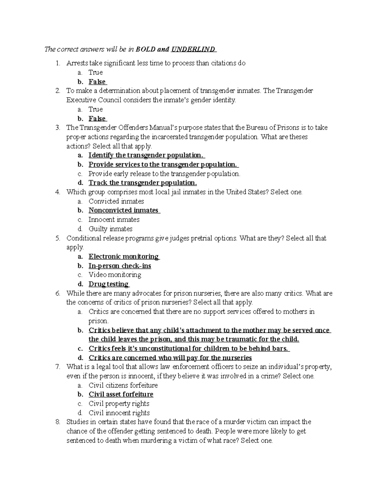 4 4 Module Four Quiz Michelle Garcia `the Correct Answers Will Be In Bold And Underlind Which