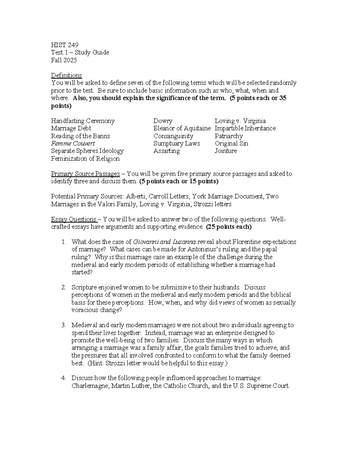 HIST 249 Test 1 Study Guide: Key Terms & Essay Questions on Marriage ...