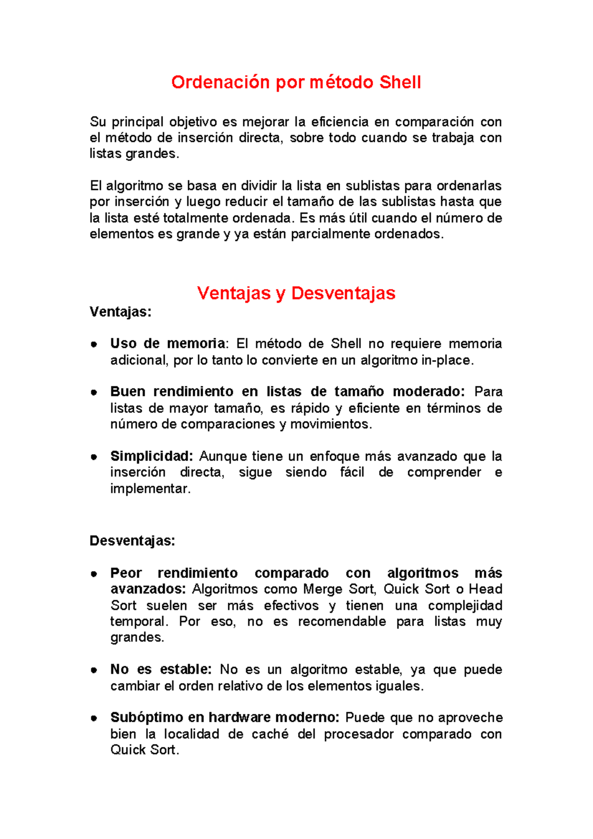 Método Shell: Ventajas y Desventajas en Ordenación Eficiente - Studocu