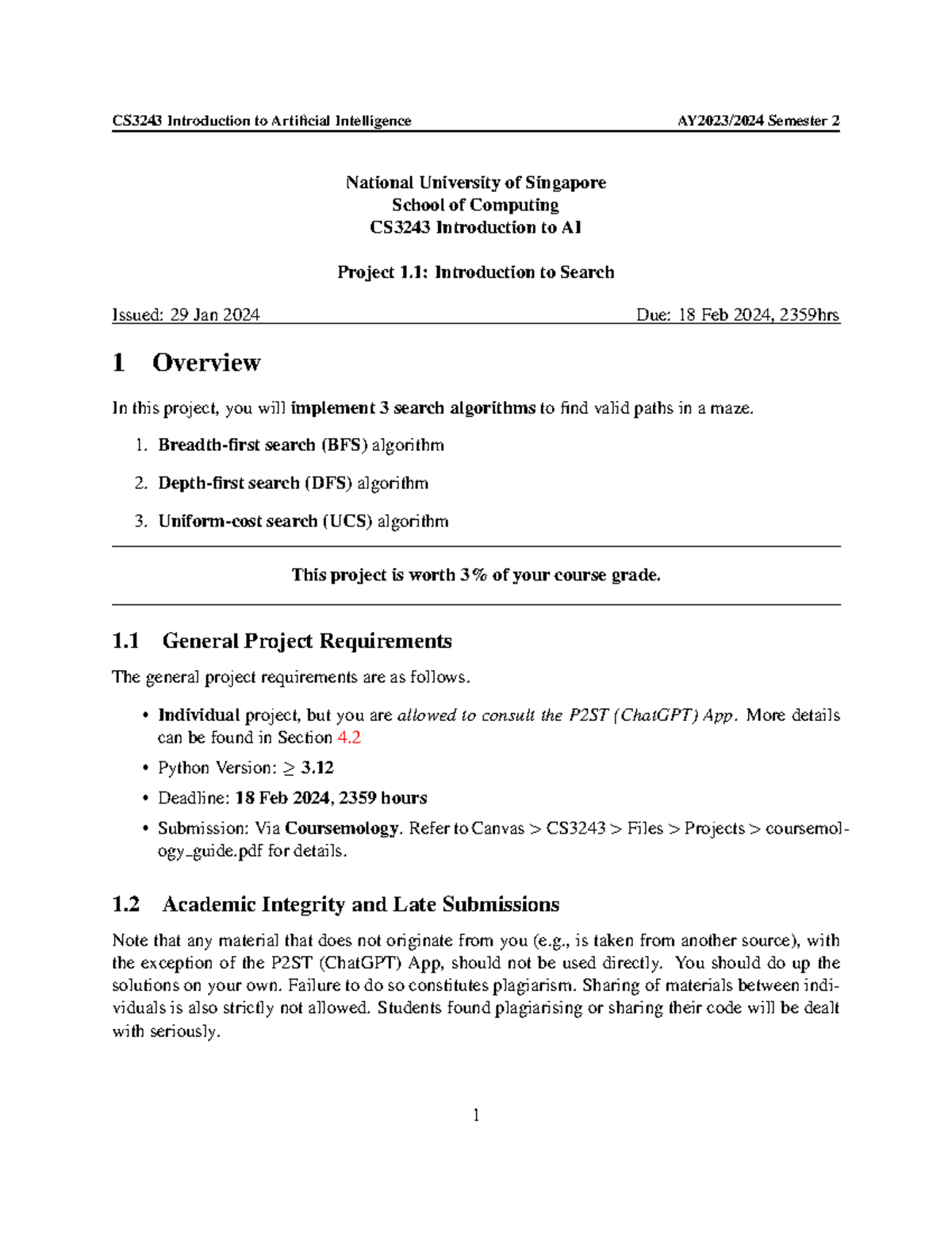CS3243 Project 1.1 [2320]: Implementing Search Algorithms in AI - Studocu