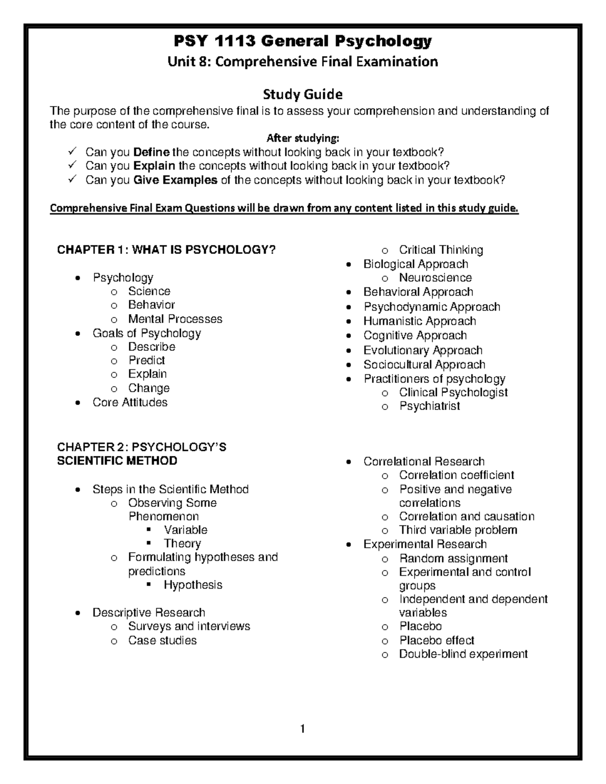 PSY 1113 General Psychology Comprehensive Final Exam Study Notes - Studocu