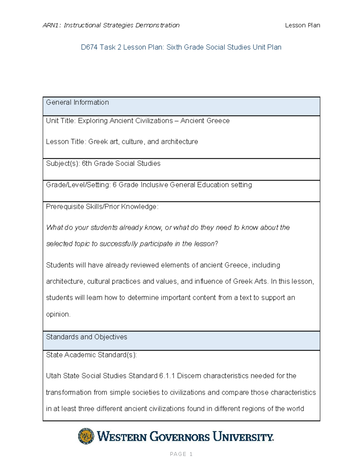 ARN1: Lesson Plan on Greek Art & Culture for 6th Grade Social Studies ...