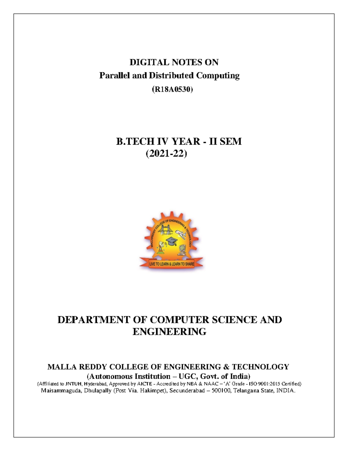 PDC Digital Notes - Parallel and Distributed Computing (R18A0530) - Studocu