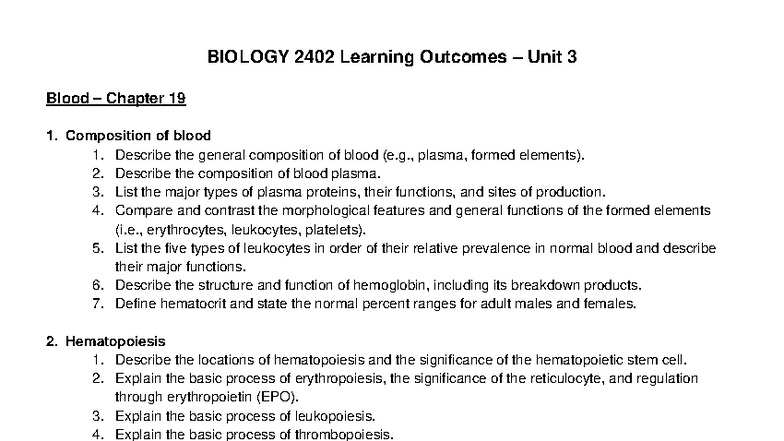 Unit 3 Learning Outcomes for BIOL 2402: Blood and Lymphatic System - Studocu