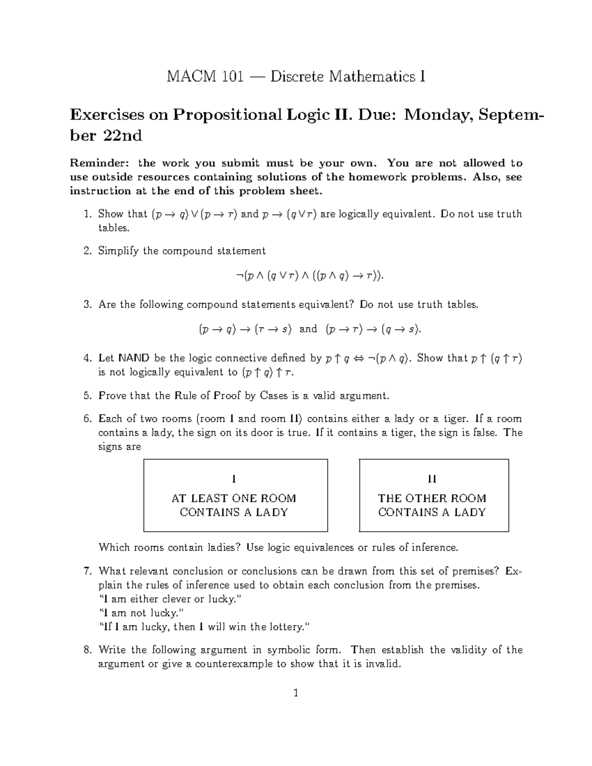 MACM 101 Discrete Mathematics I: Propositional Logic Exercises II - Studocu