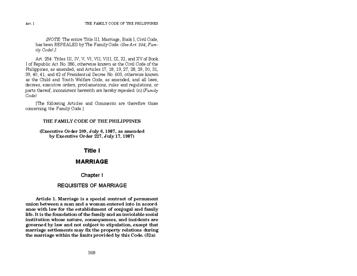 Family Code of the Philippines: Articles 1-34 Overview - Studocu