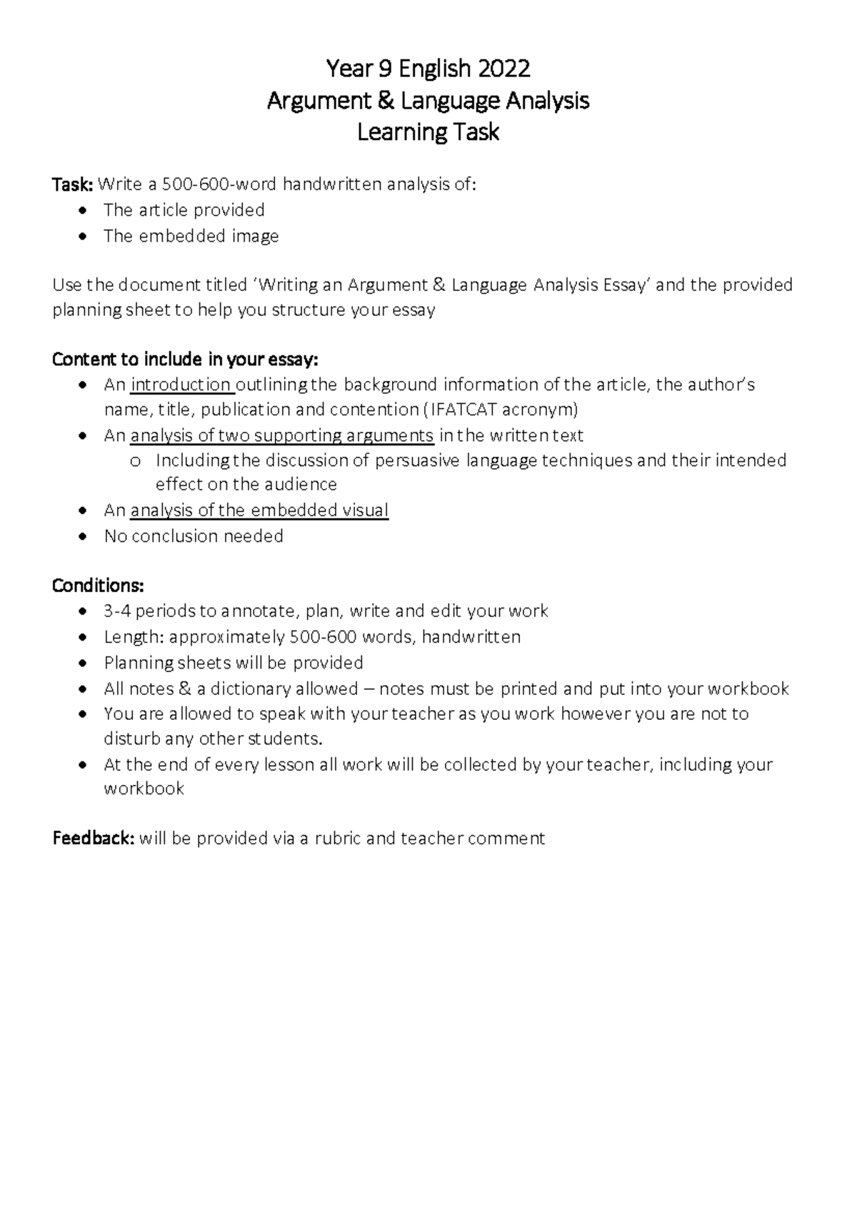Yr. 10 English 2023 Argument & Language Analysis Learning Task - Studocu