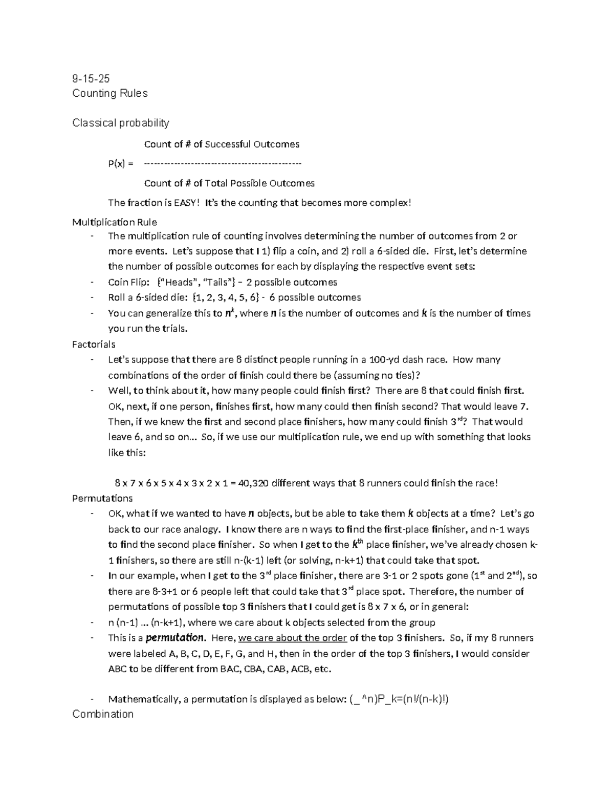 ST 260 Notes: Chapter 4 - Counting Rules & Classical Probability - Studocu