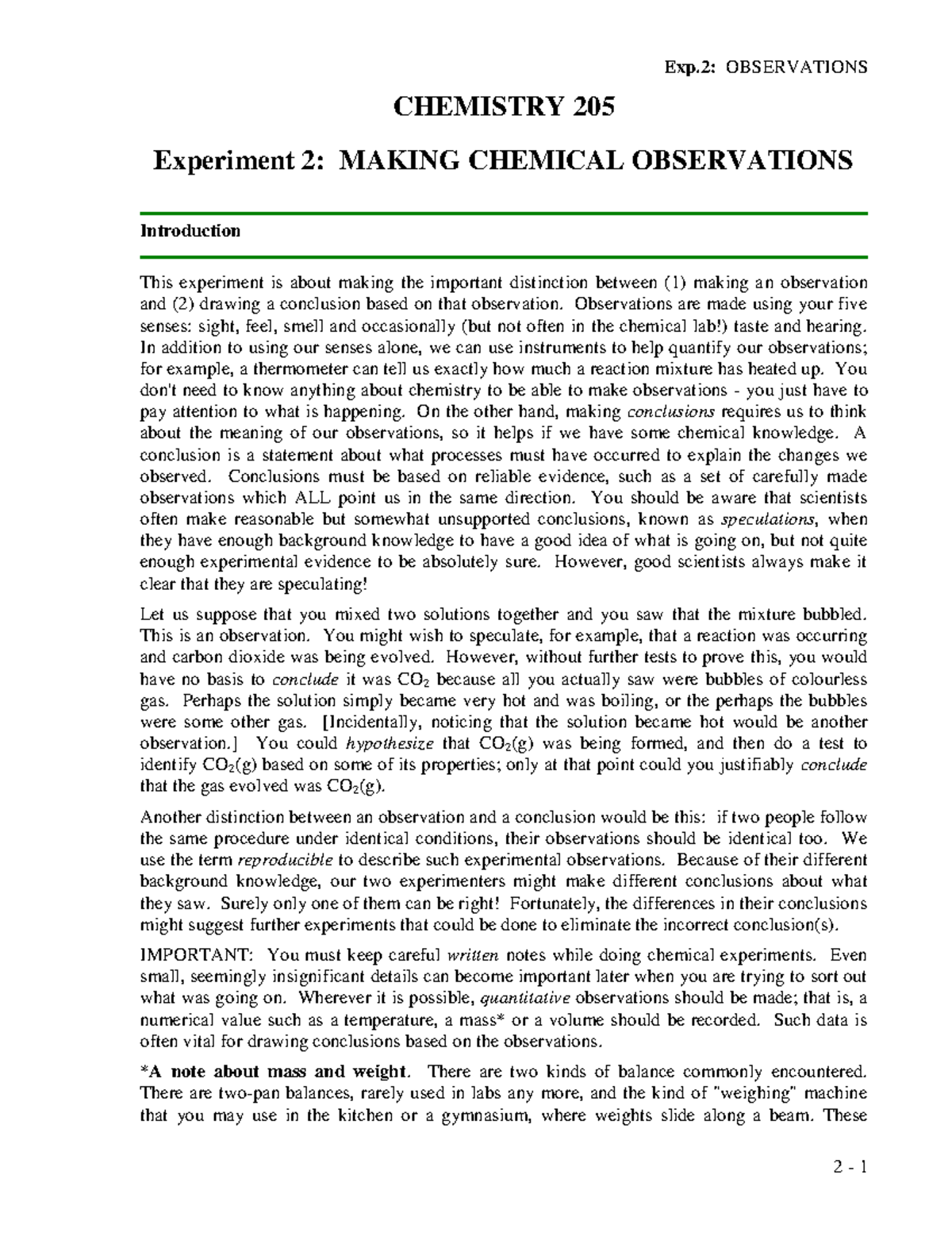 Experiment 2: MAKING CHEMICAL OBSERVATIONS - CHEMISTRY 205 Experiment 2 ...