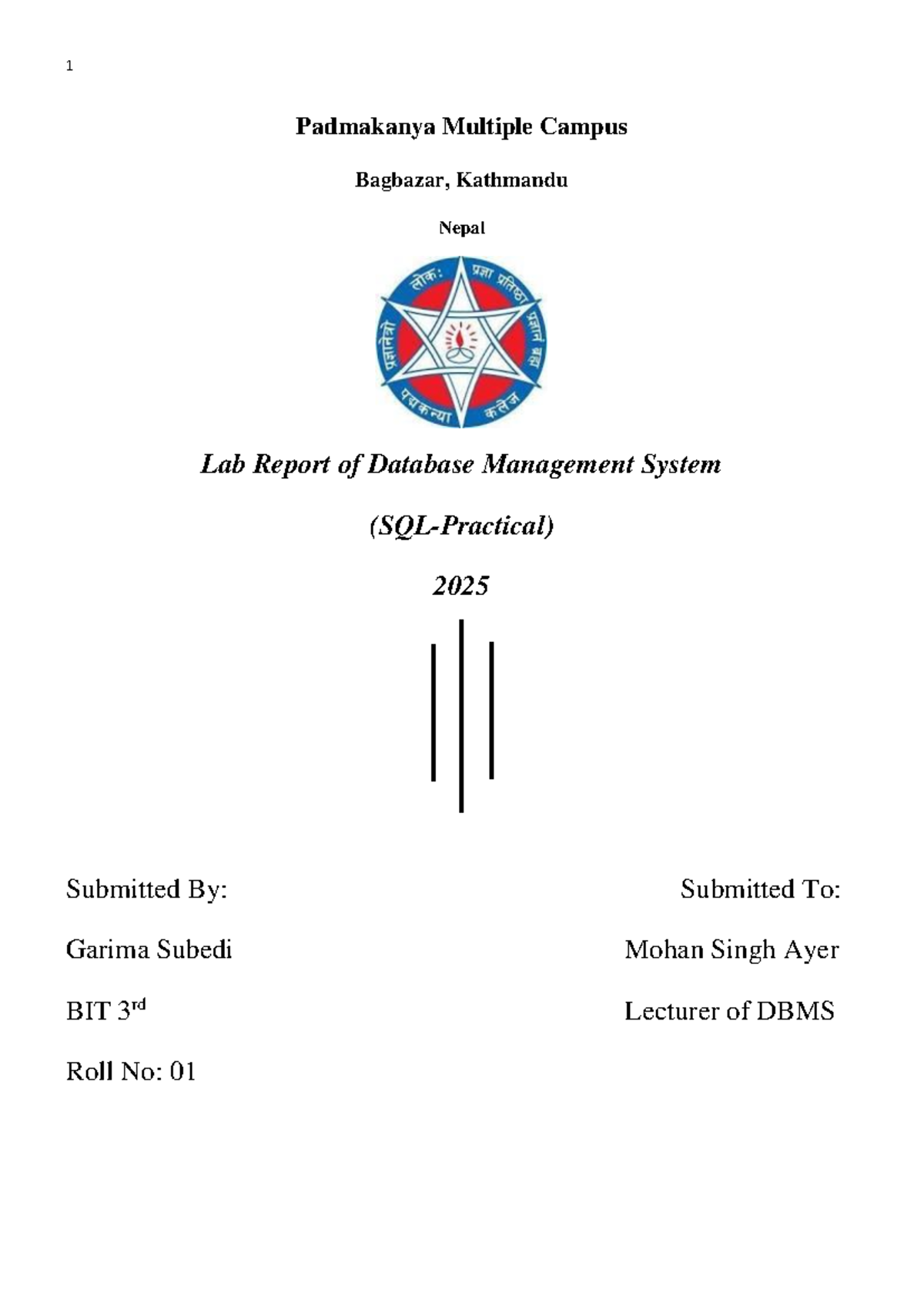 Lab Report: Database Management System (BIT 2025) - Studocu