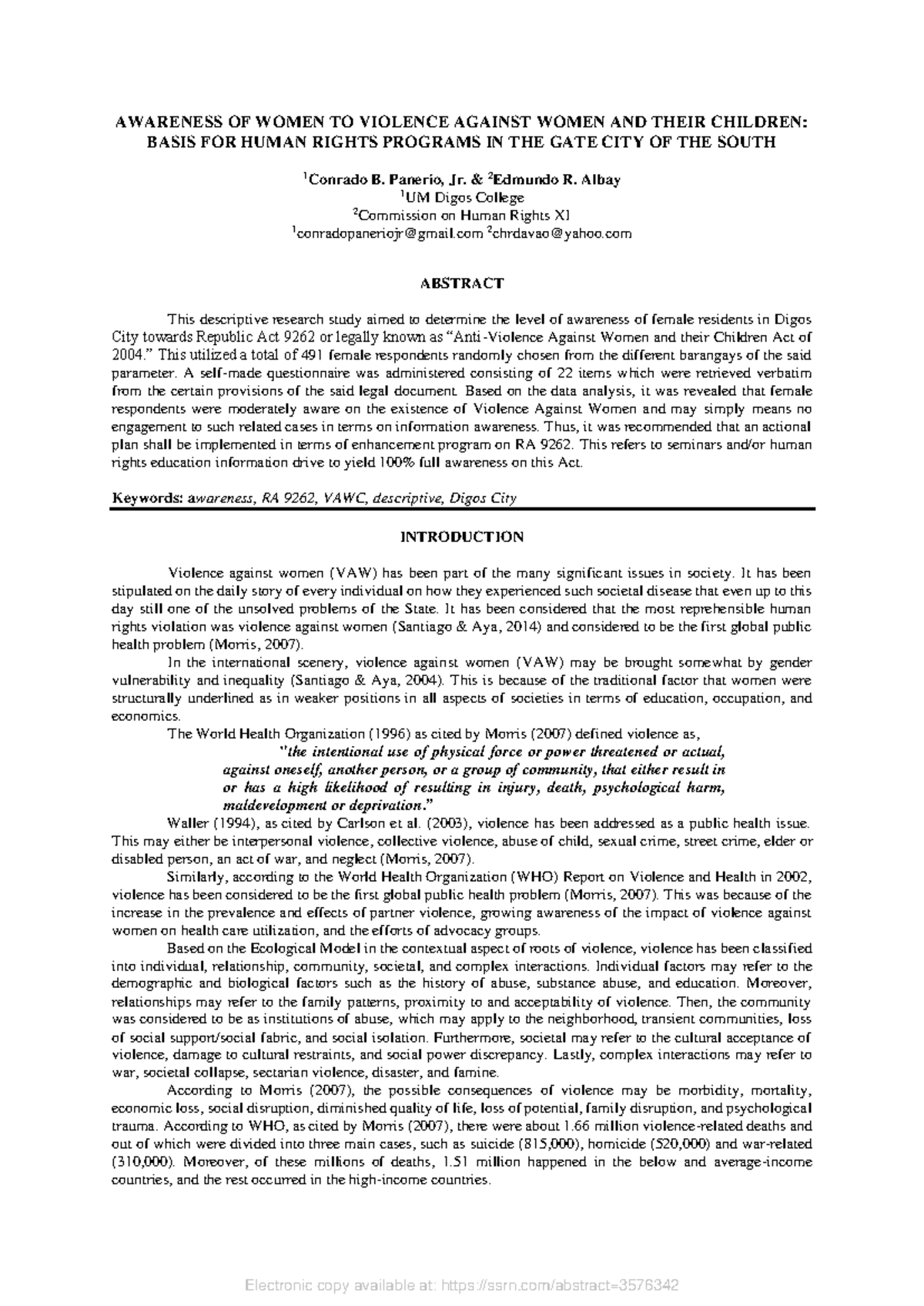 SSRN-id3576342 - Document - AWARENESS OF WOMEN TO VIOLENCE AGAINST ...