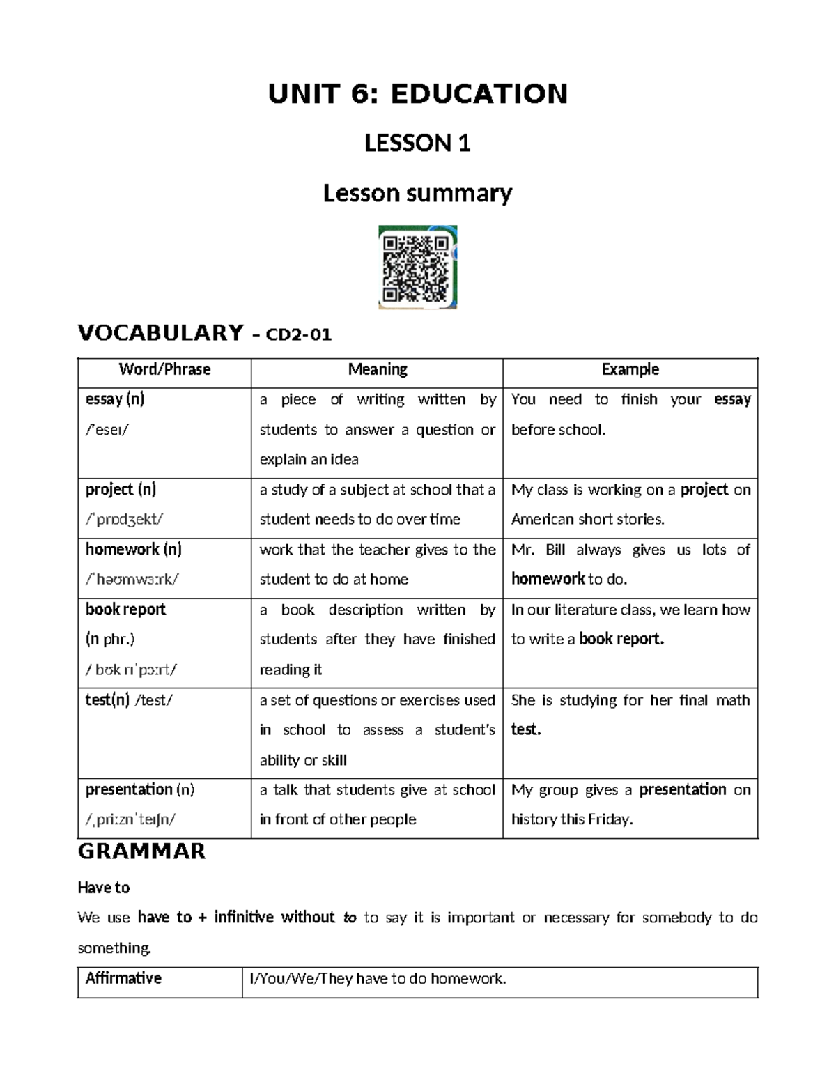UNIT 6: EDUCATION LESSON 1 & 2 Summary and Vocabulary Notes for LSW7 ...