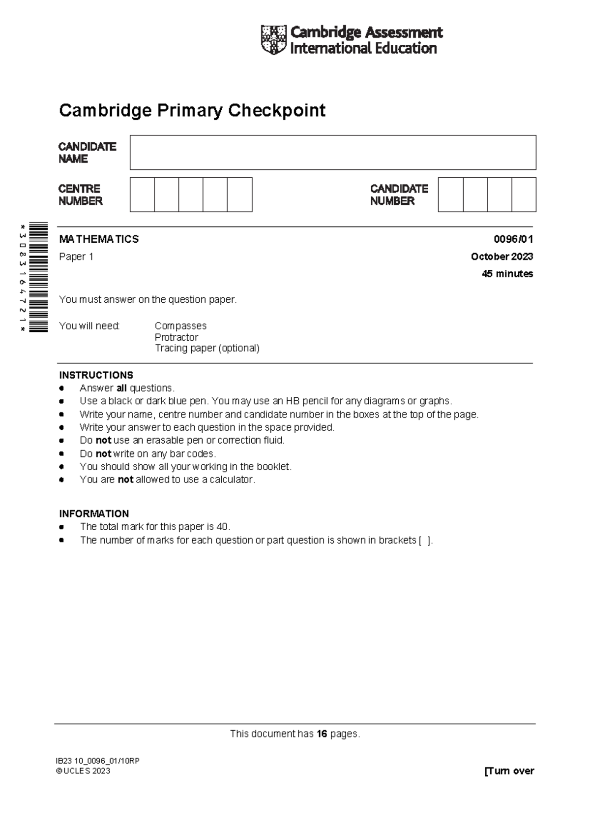 Cambridge Primary Checkpoint - Math Paper 1, Oct 2023 (0096) - Studocu