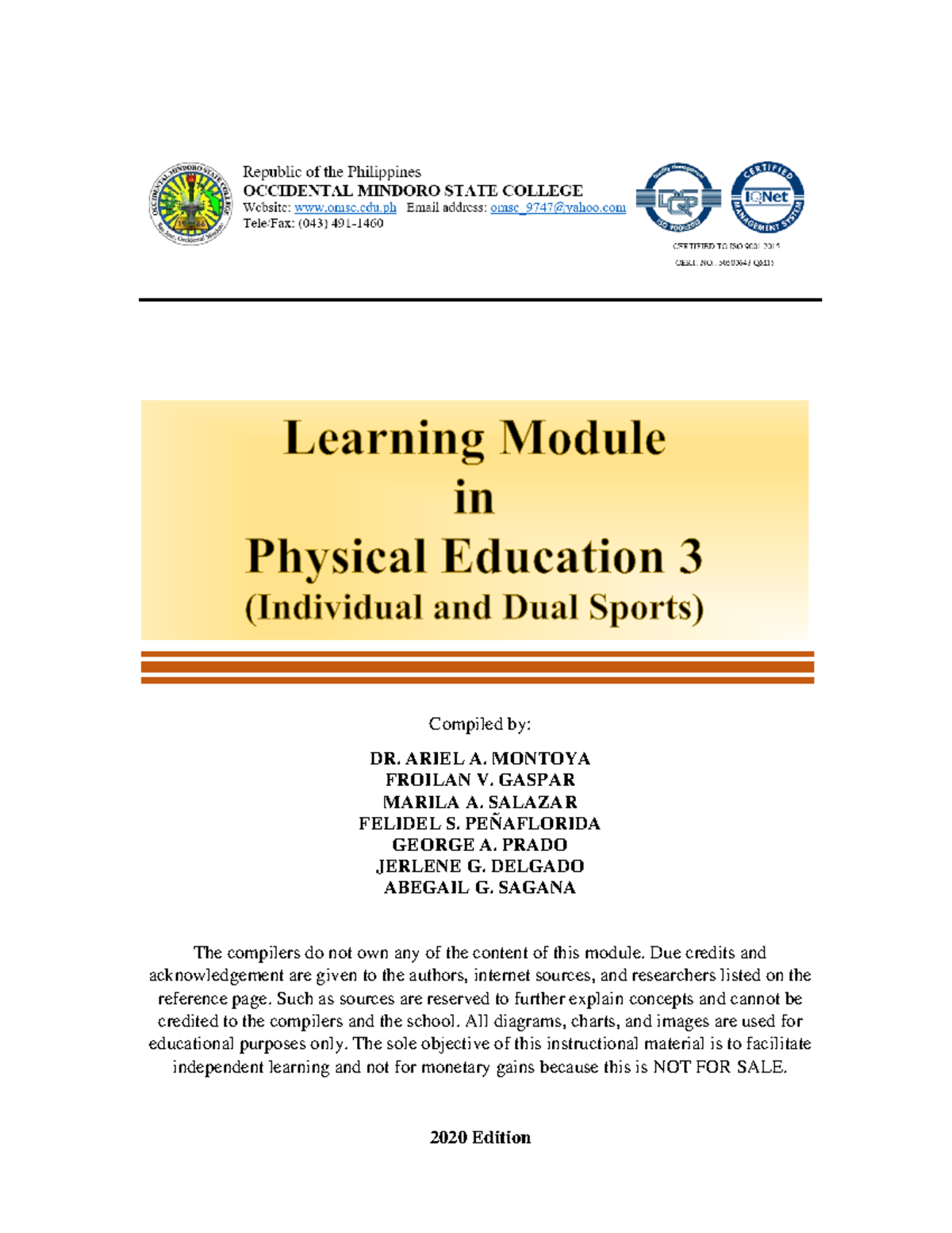 PE 3 Individual and Dual Sports Instructional Module (2020 Edition ...