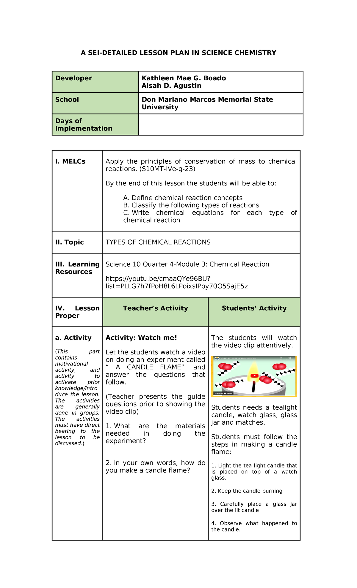 Lesson Plan for CHEM S10MT-IVe-g-23: Understanding Chemical Reactions ...