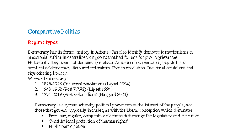 Comparative Politics - Exam Notes on Democracy and Regime Types - Studocu