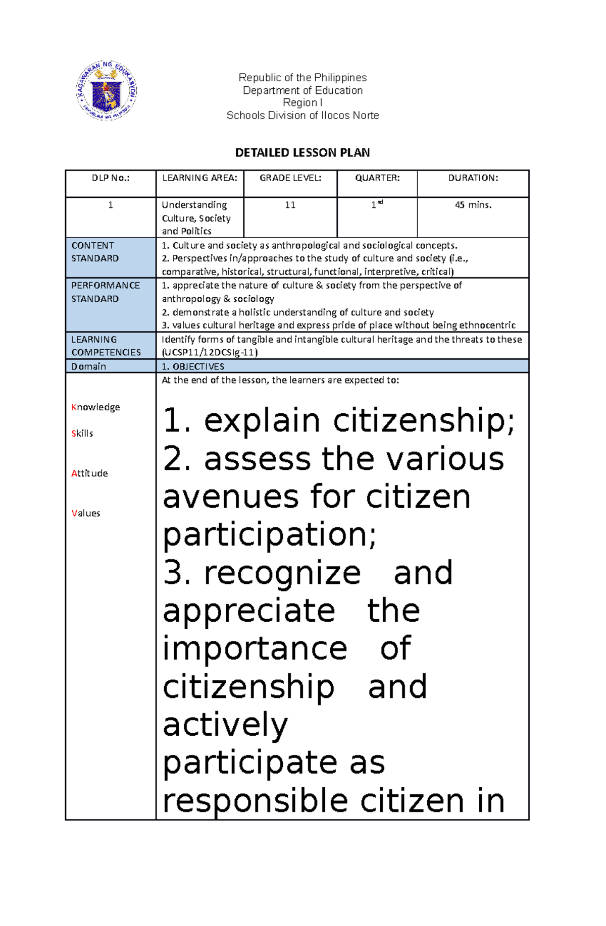 DLP - Lesson Plan on Culture, Society & Politics for SHS - Studocu
