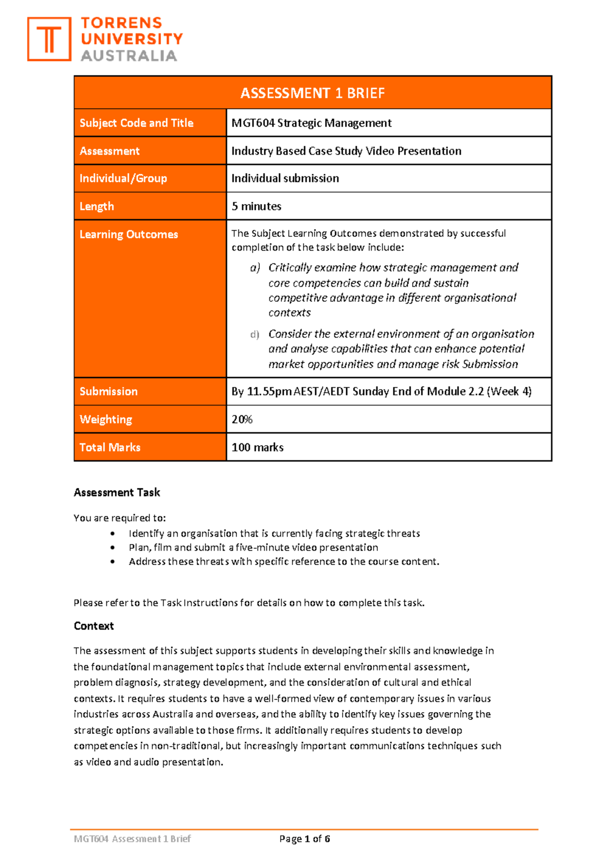 MGT604 Assessment 1: Strategic Management Video Presentation Guide ...