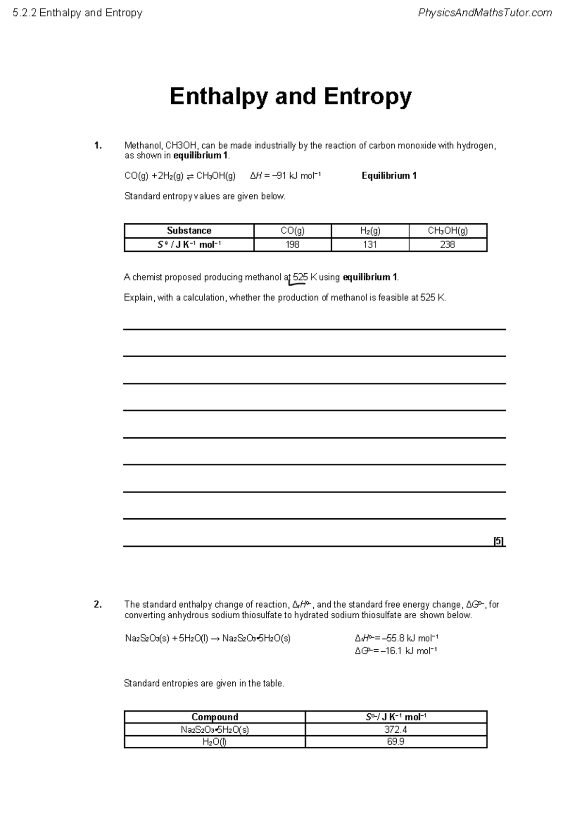 5.2.2 Enthalpy and Entropy Question Paper (QP) - Physics and Chemistry ...