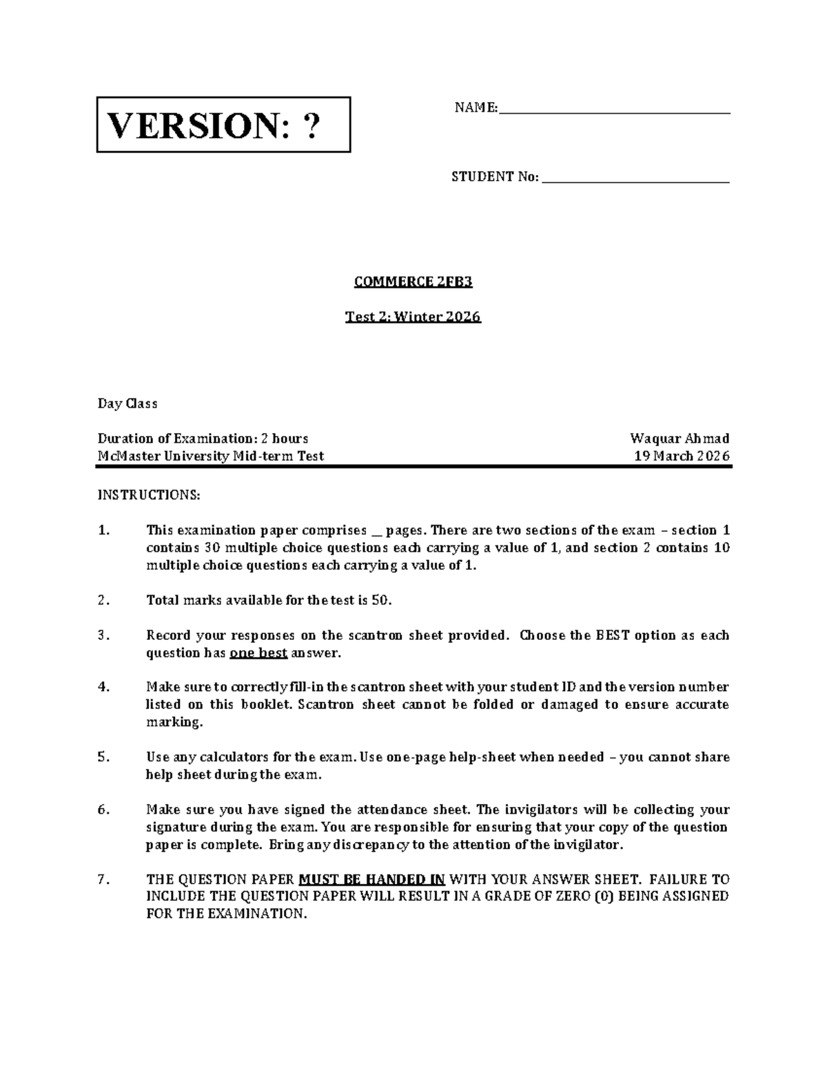 Commerce 2FB3 Test 2 Instructions - Winter 2026 Midterm Exam - Studocu