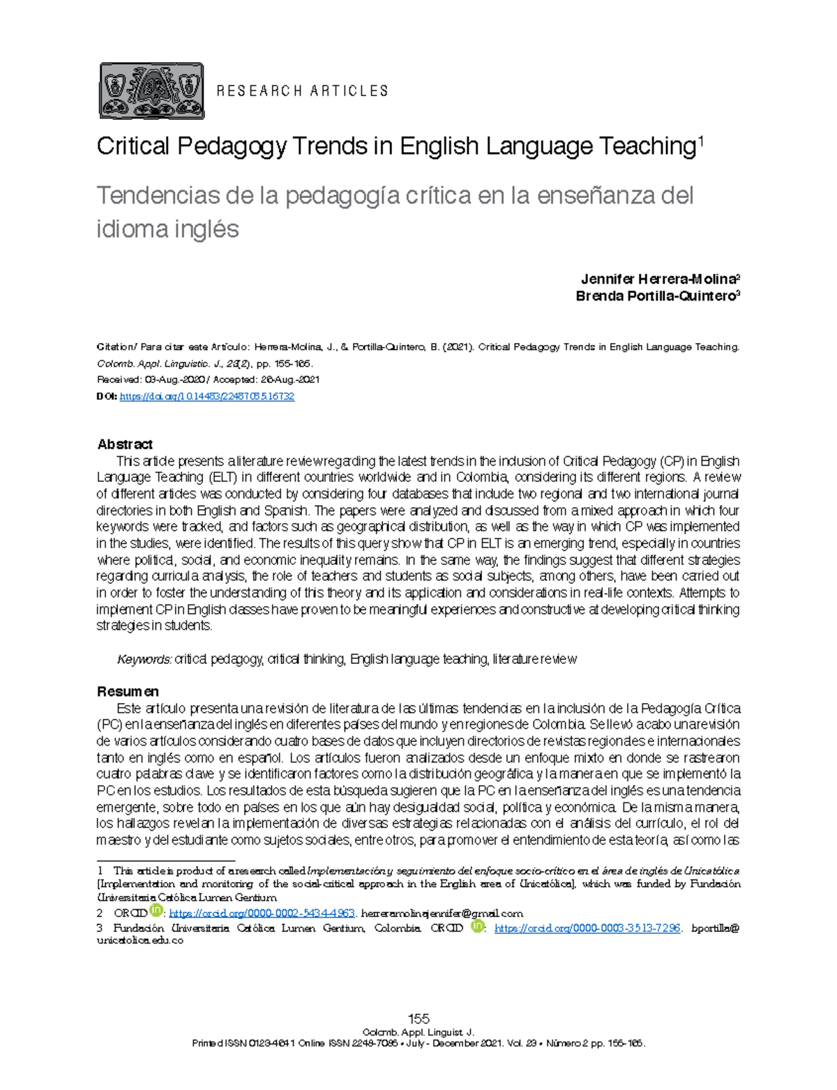 Critical Pedagogy Trends in English Language Teach - 155 Colomb. Appl. Linguist. J. Critical ...