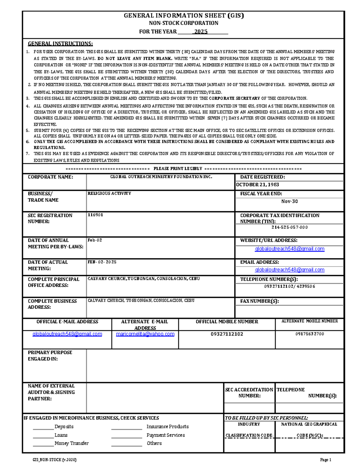GIS General Information Sheet for Global Outreach Ministry 2025 - Studocu