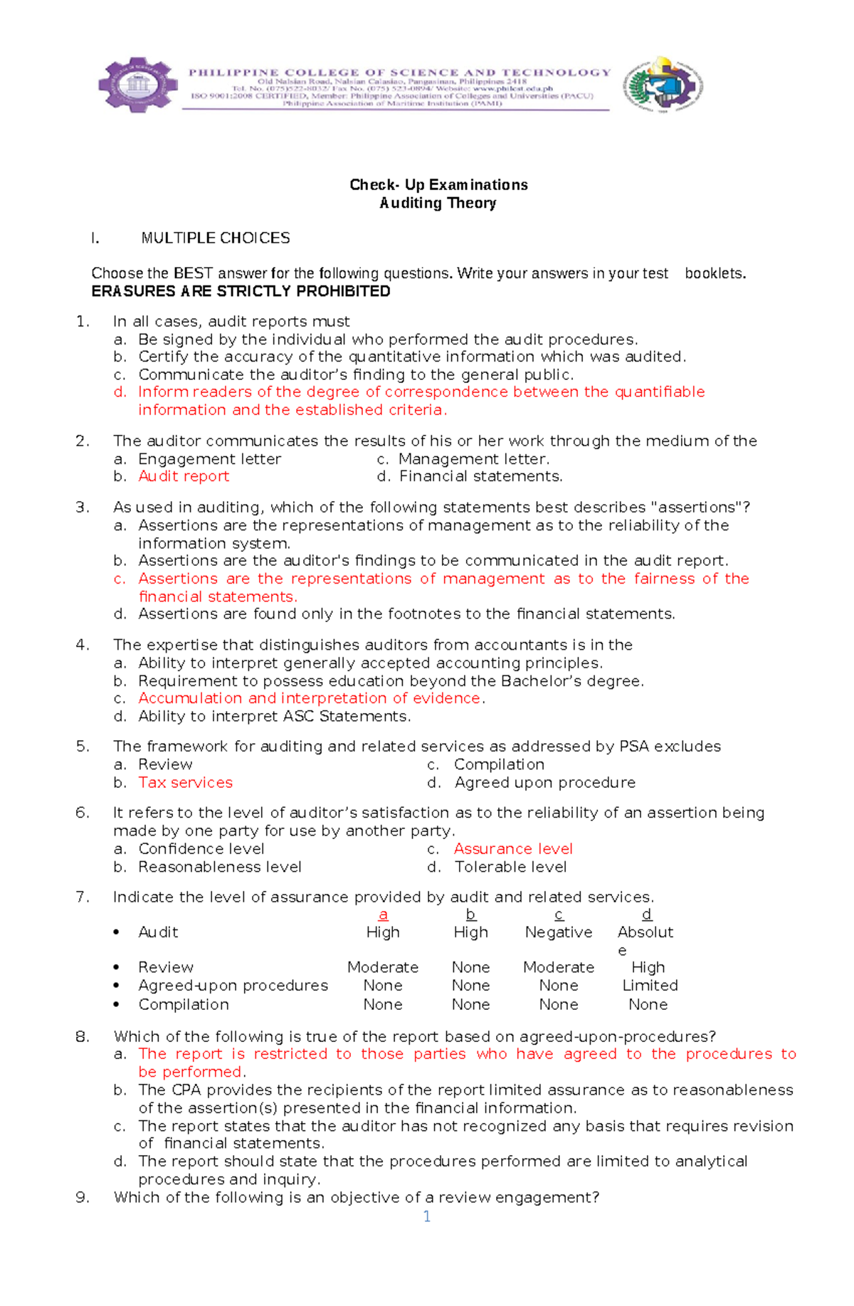 Auditing Theory I: Multiple Choice Questions for Check-Up Exam - Studocu