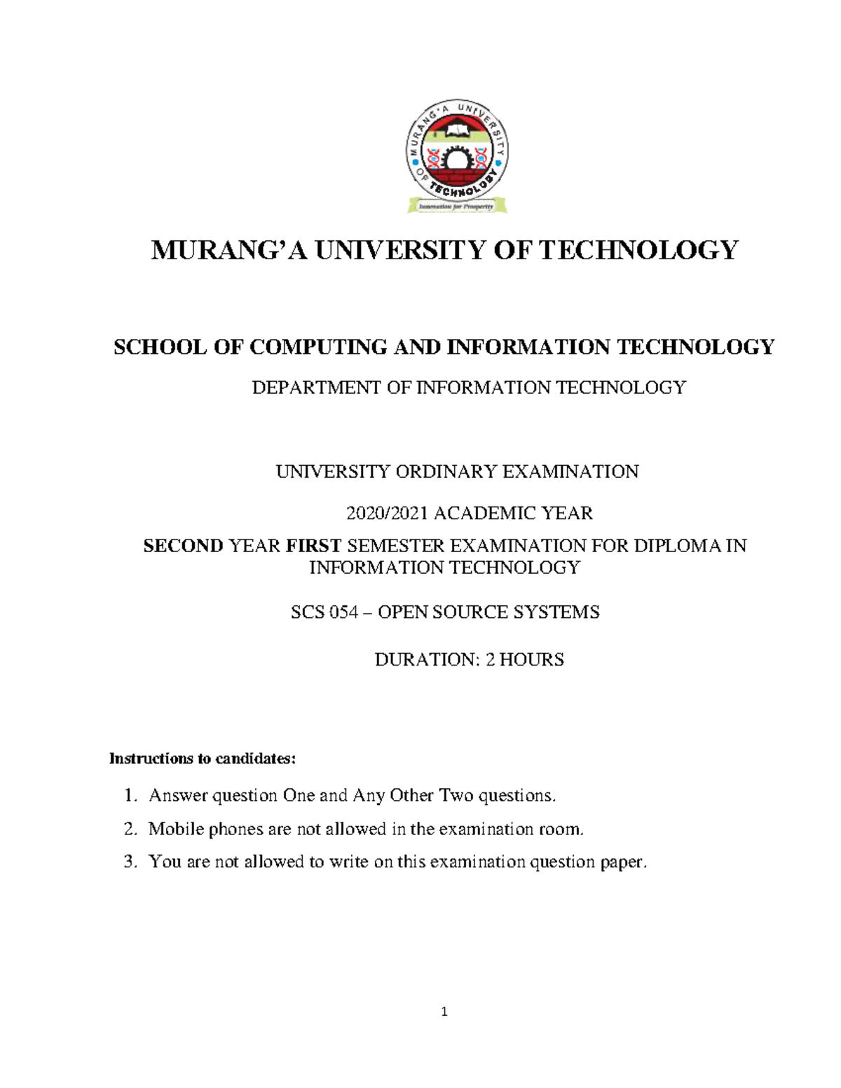 SCS 054 Open Source Systems Exam Paper - 2nd Year, 1st Sem - Studocu