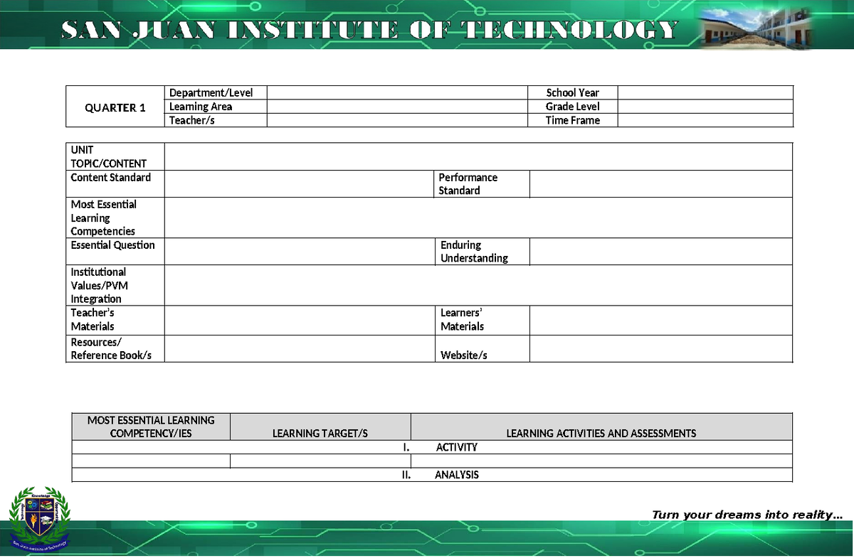 Learning-PLAN - bjjbj - Turn your dreams into reality... QUARTER 1 ...
