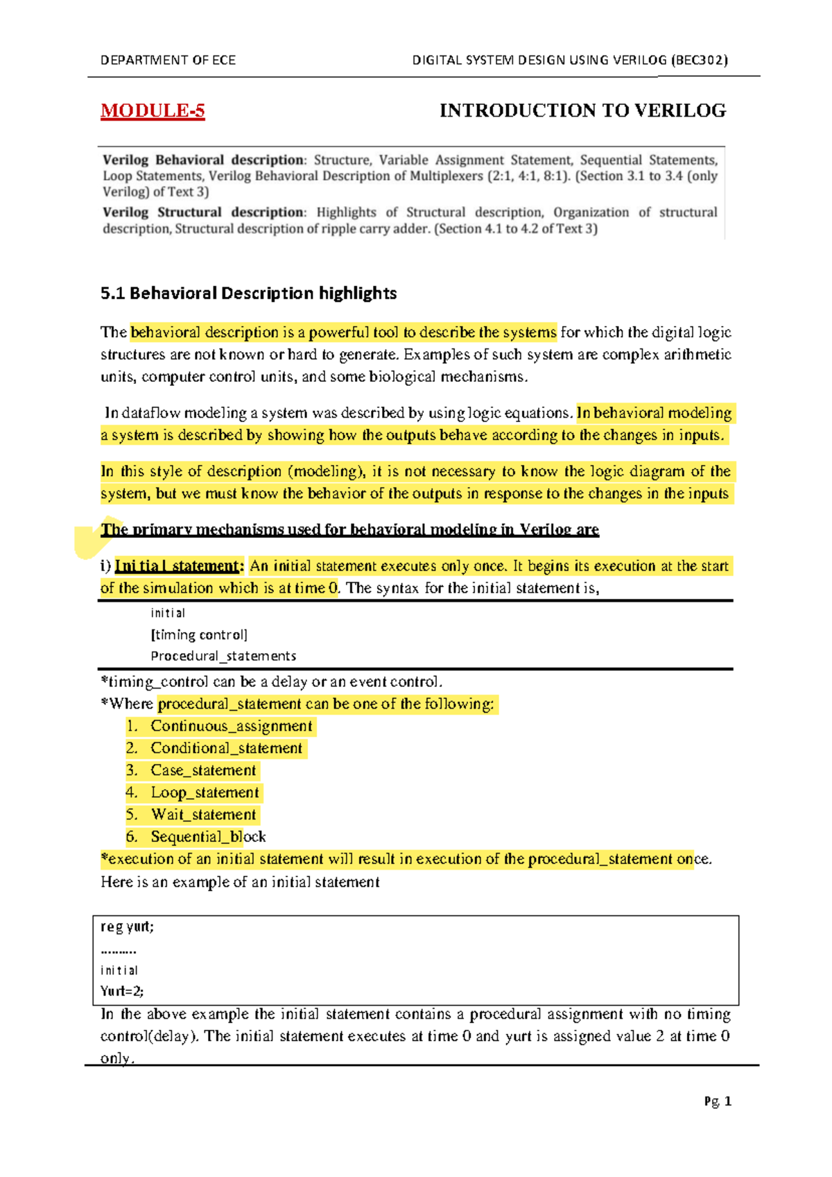 BEC3 02 - Module 5: Verilog Behavioral Model Notes - Studocu