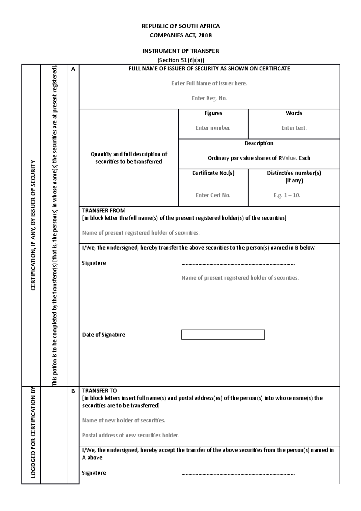 Instrument of Transfer of Securities - Companies Act 2008 - Studocu