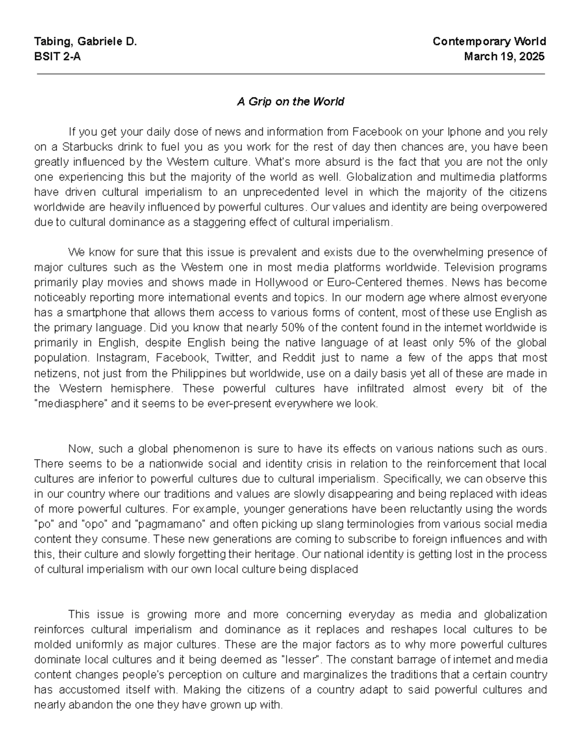 Assignment: Analyzing Transformationalist Perspectives on Globalization ...