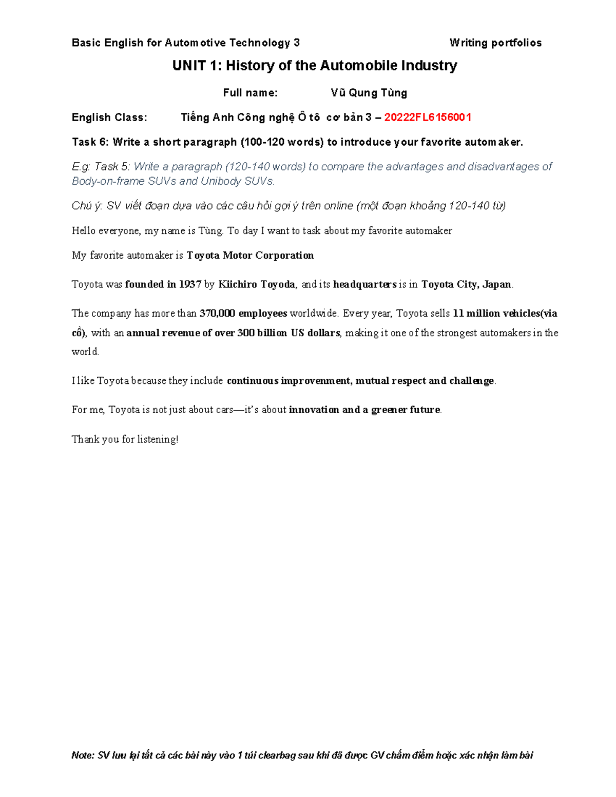Basic English for Automotive Technology 3: Writing Portfolio Unit 1 ...