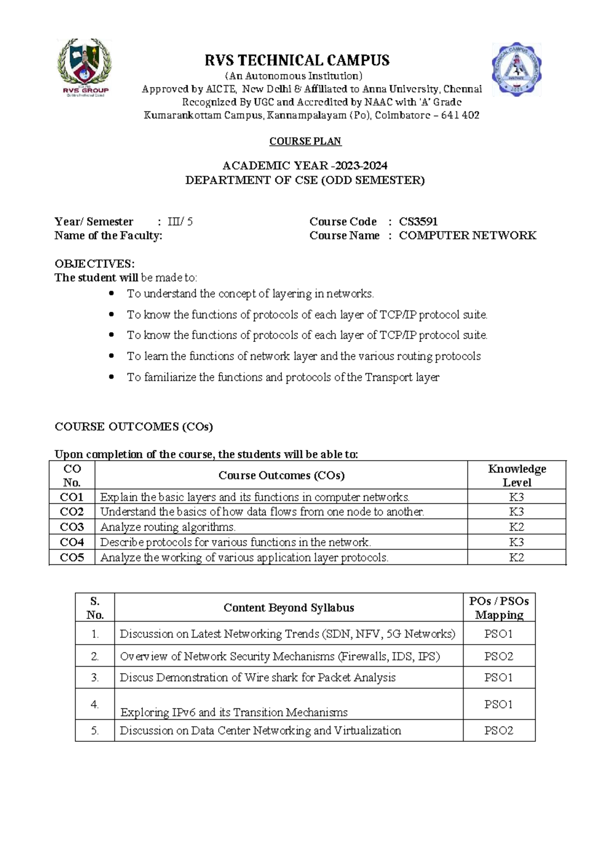 CS3591 Course Plan: Computer Networks (5th Semester, ODD) - Studocu