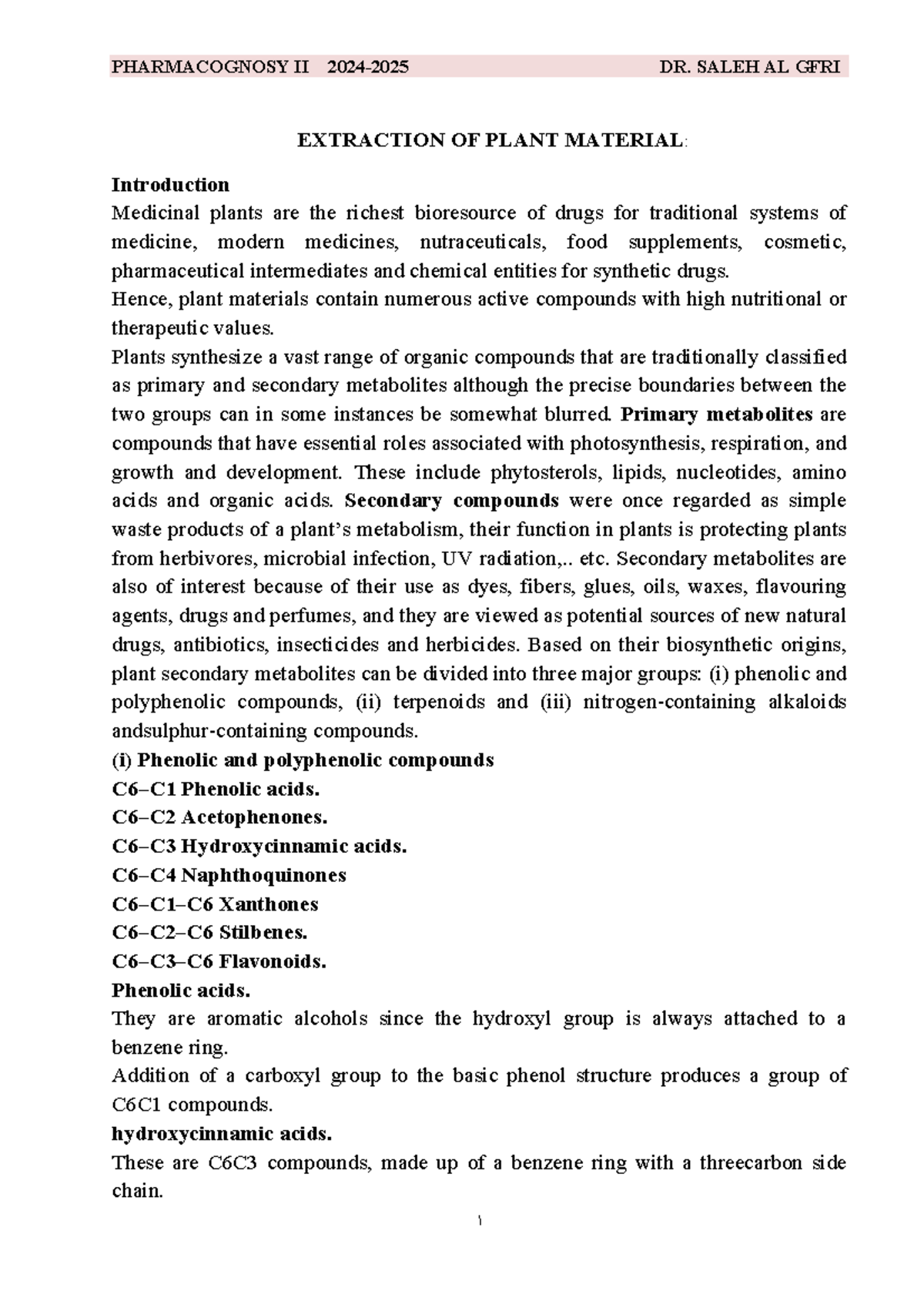 PHC 202: Extraction, Isolation, and Purification of Plant Materials ...