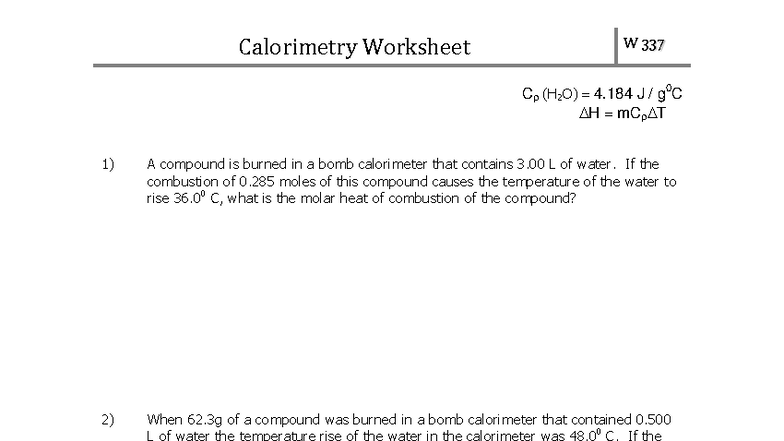 CHEM 1210 Calorimetry Worksheet: Heat of Combustion Problems - Studocu