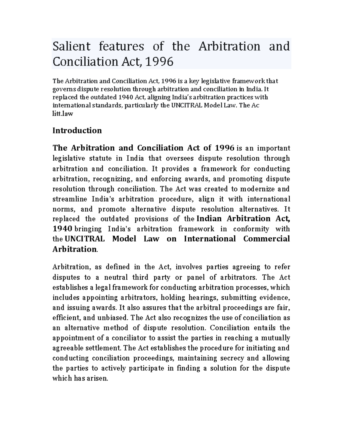 Salient Features of the Arbitration and Conciliation Act, 1996 - Studocu