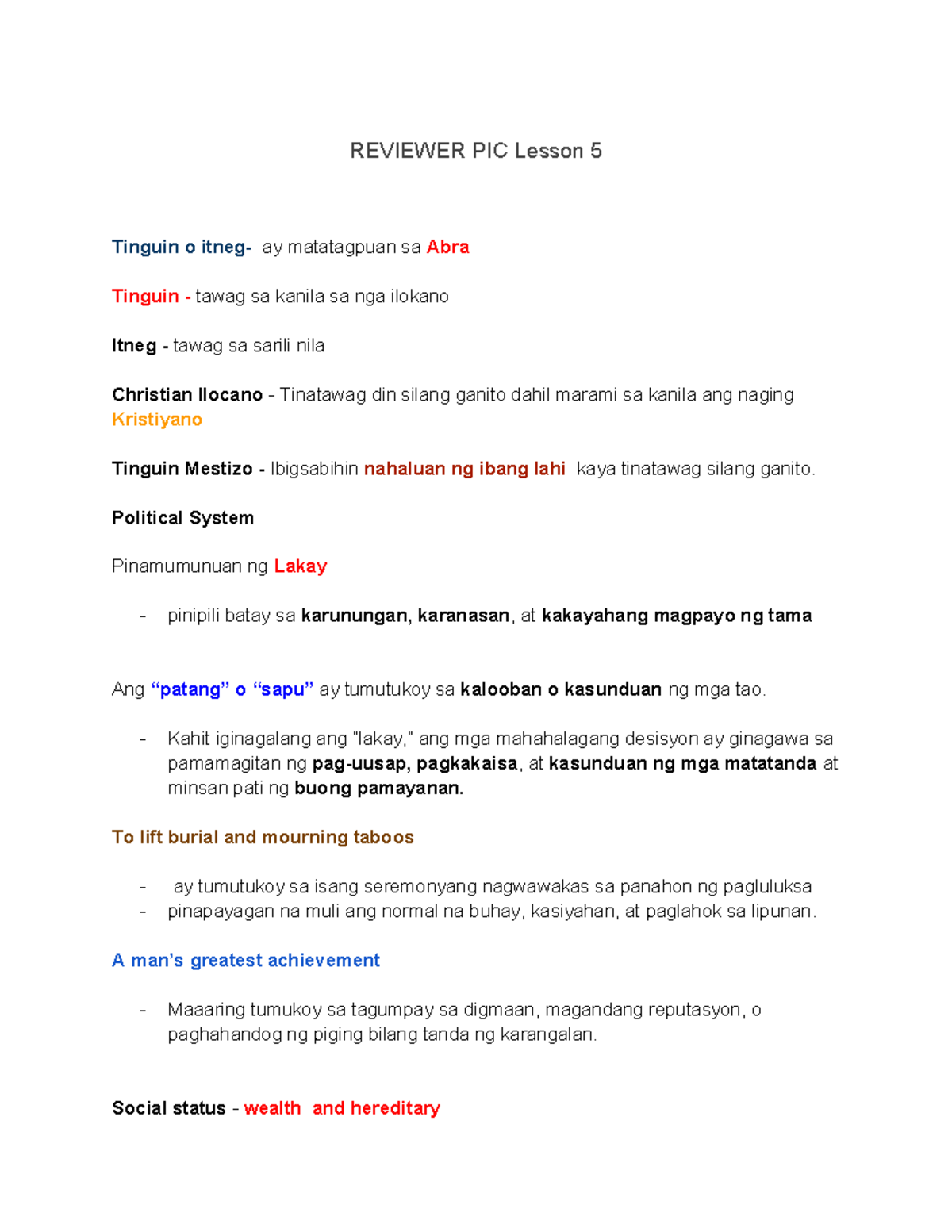 Reviewer PIC Lesson 5: Tinguian Culture and Traditions - Studocu