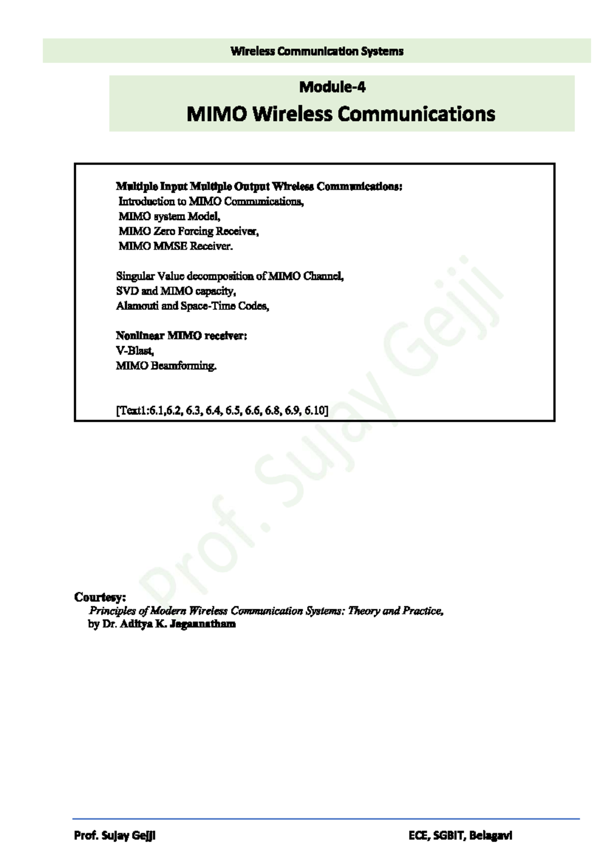 Wireless Communication Systems (BEC703) MIMO Techniques and Models ...