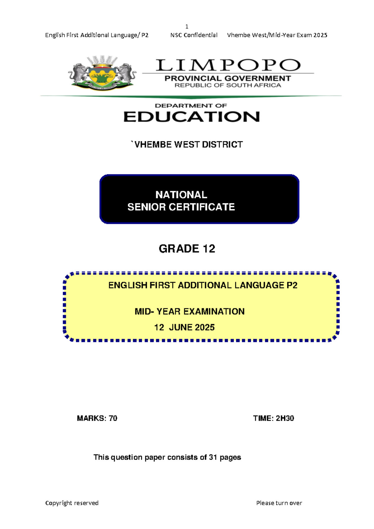 Grade 12 English First Additional Language Mid-Year Exam - Studocu
