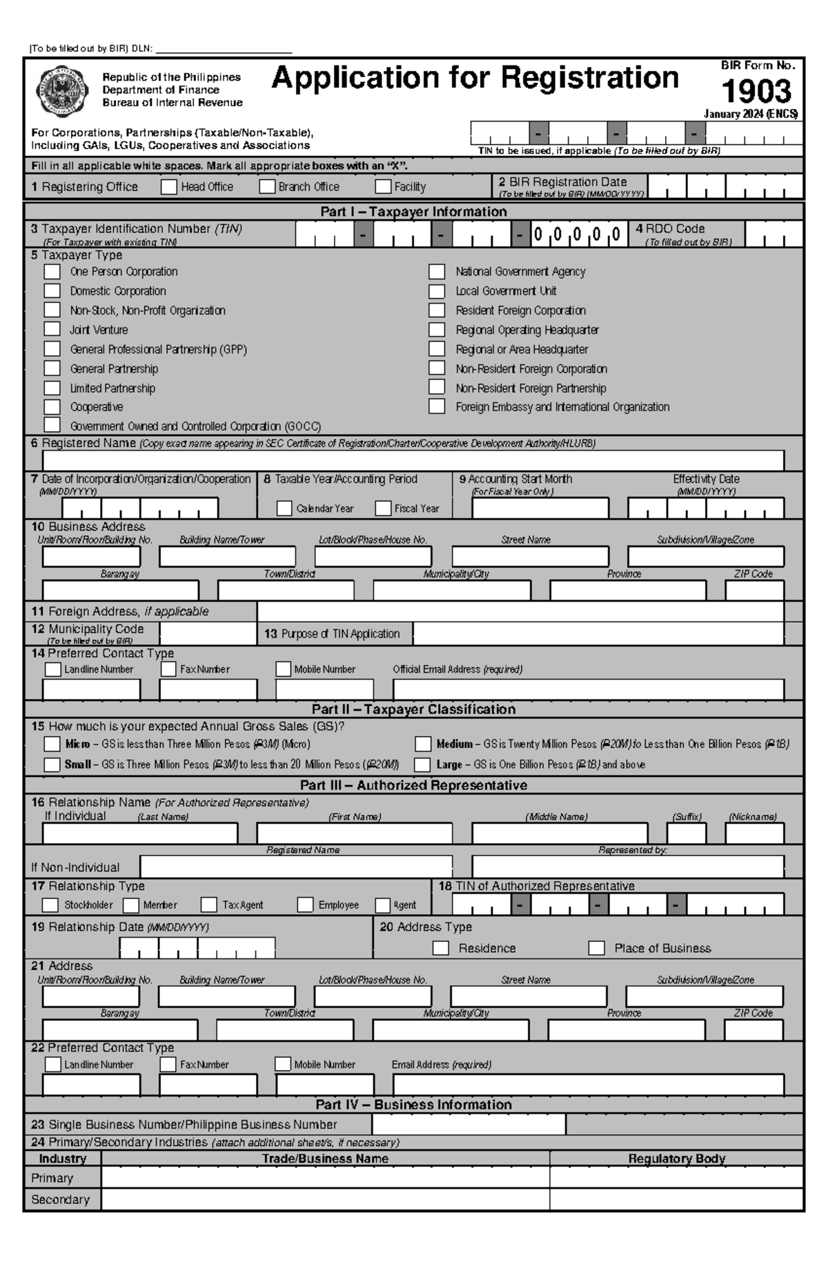 BIR Form 1903 Application for Registration - January 2024 (ENCS) - Studocu