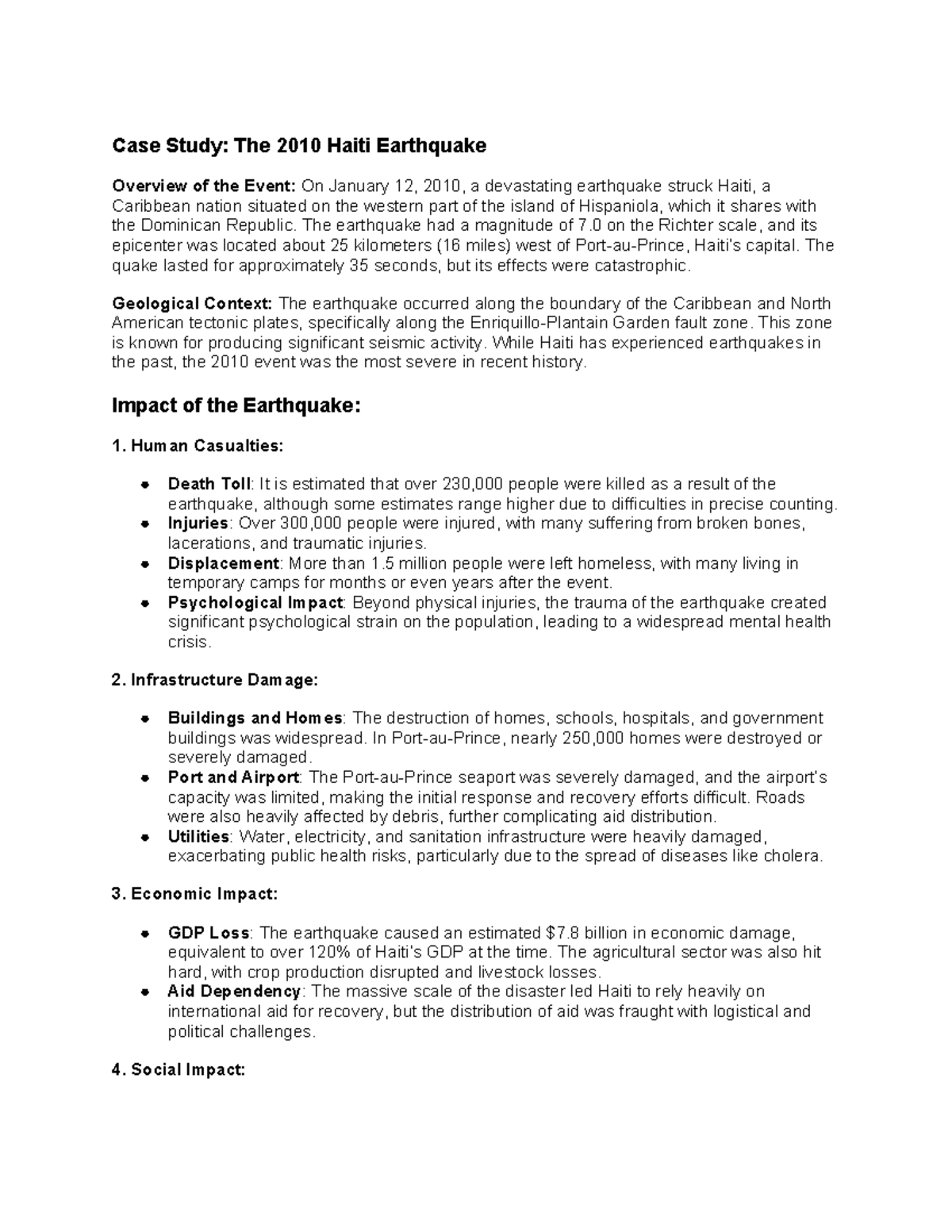 Case Study: The 2010 Haiti Earthquake and Its Impacts - Studocu