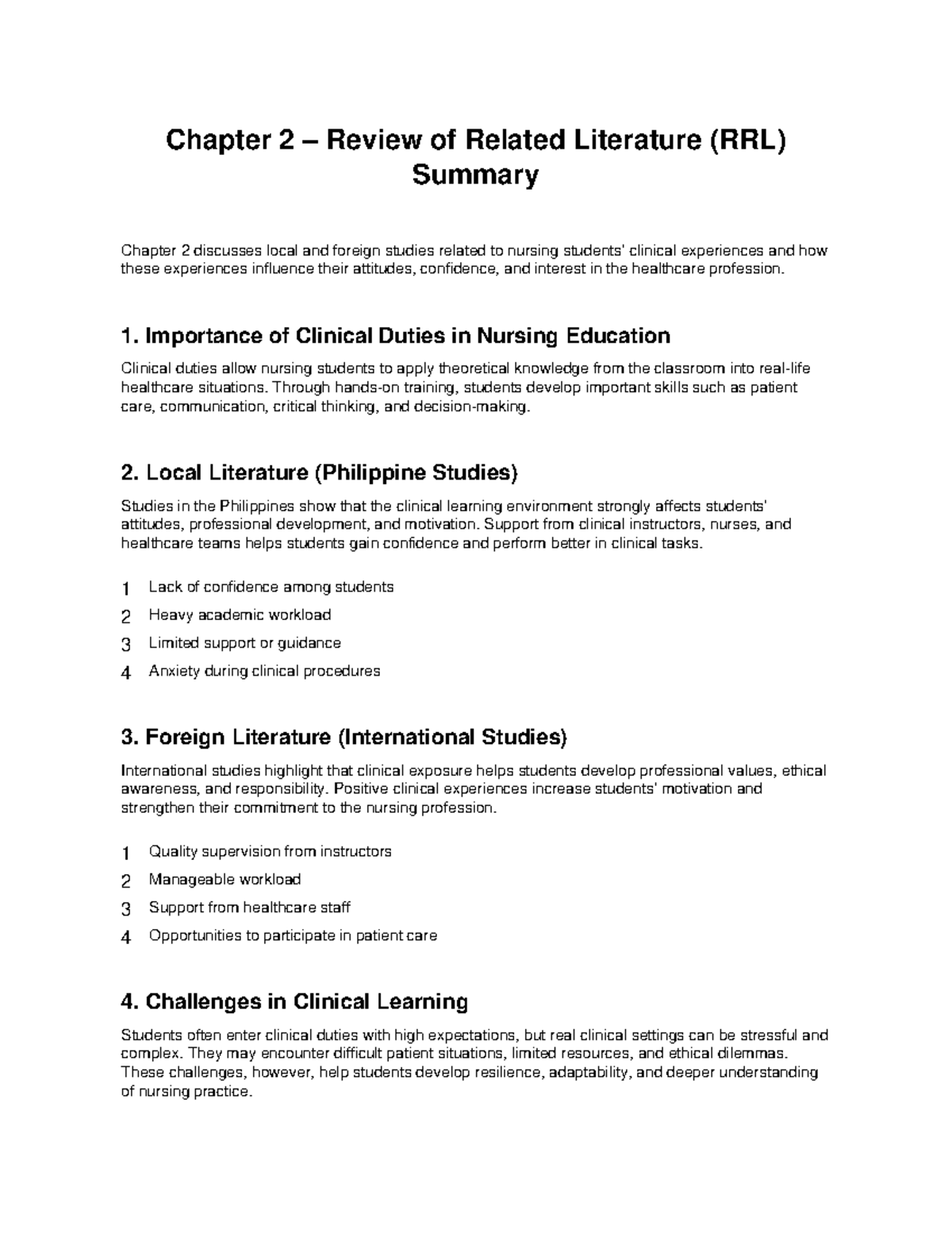 Chapter 2 RRL Summary: Nursing Clinical Experiences and Their Impact ...