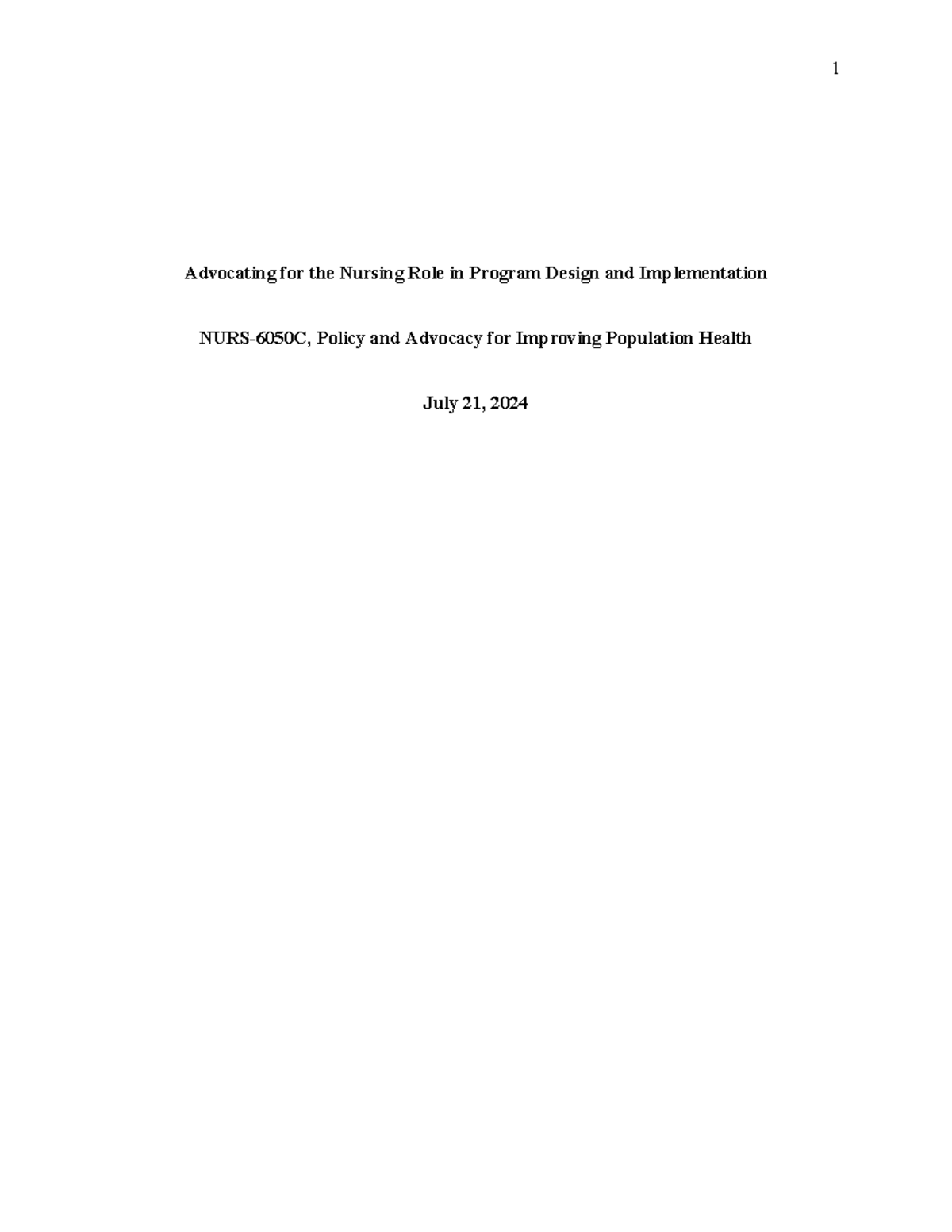 NURS-6050C Final Assignment: Advocating for Nursing in Program Design - Studocu