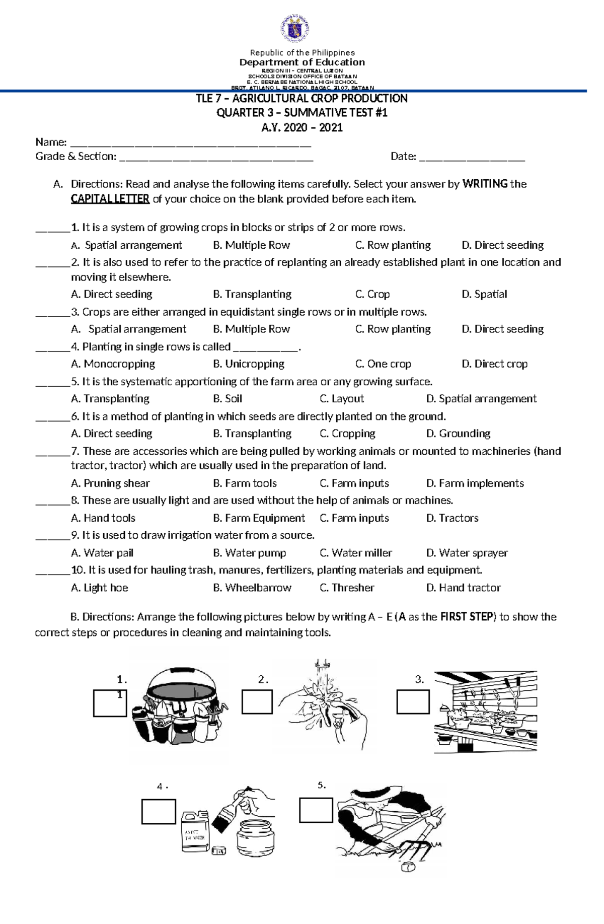 TLE 7 Quarter 3 Summative Test on Agricultural Crop Production Exam ...