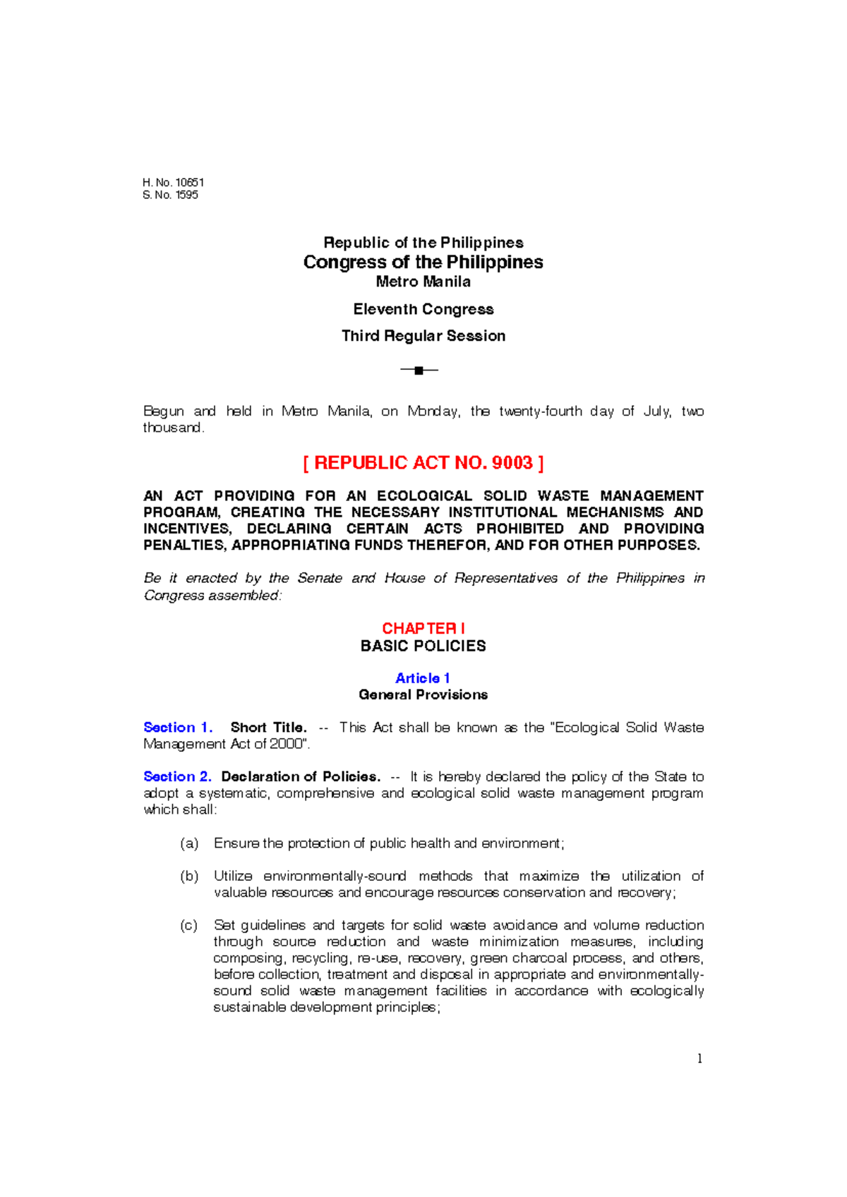 RA 9003: Comprehensive Solid Waste Management Act Overview - Studocu