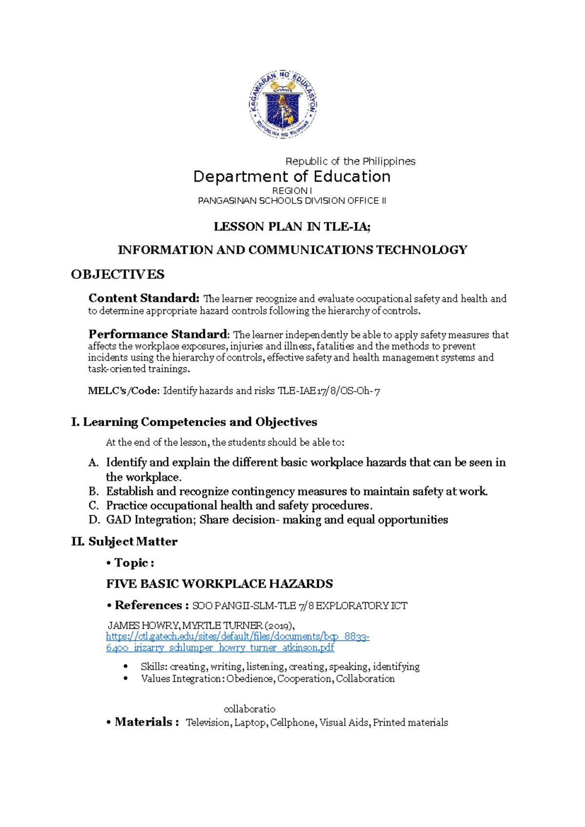 TLE-IA Lesson Plan: 5 Basic Workplace Hazards & Safety Measures - Studocu