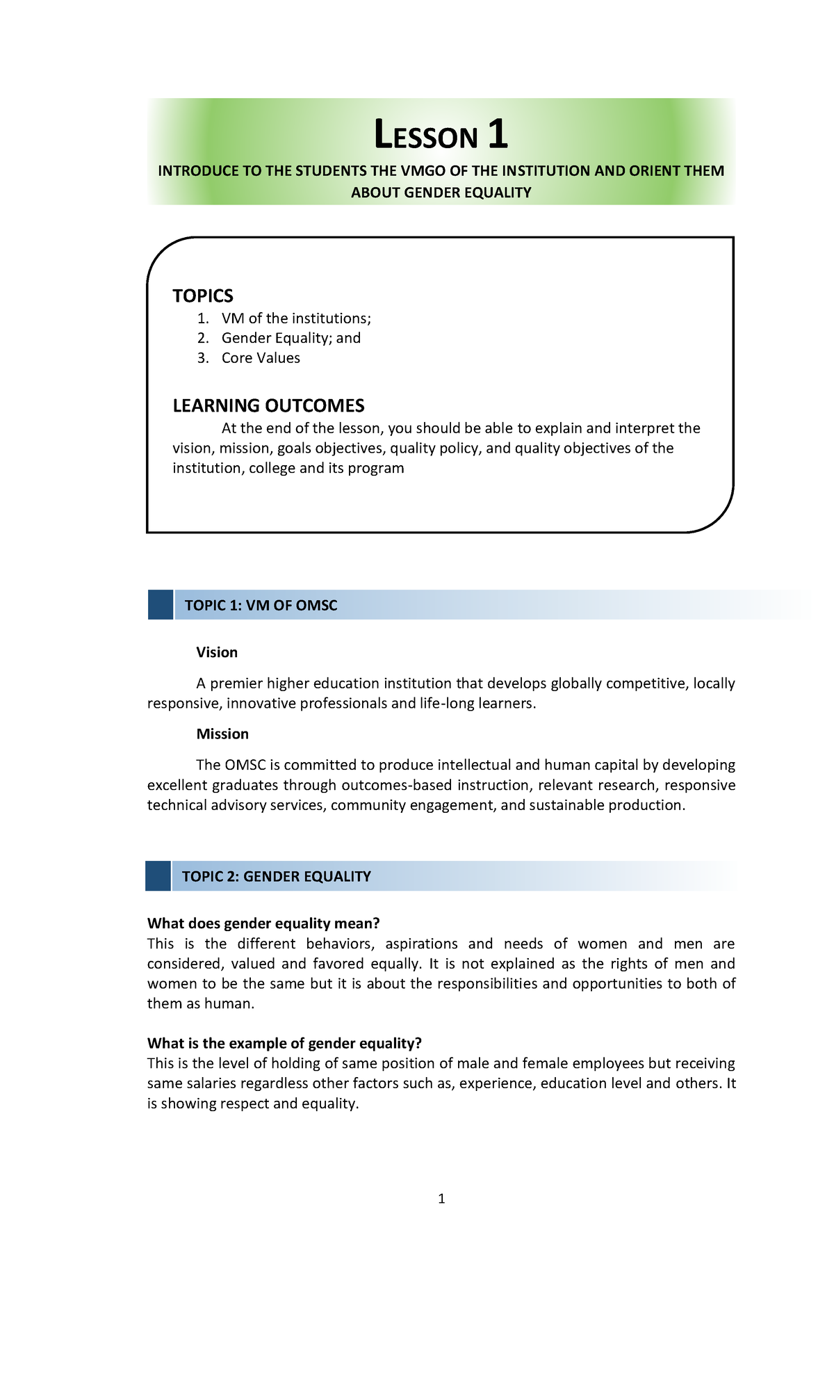 VMGO Orientation & Gender Equality Overview for Students - Studocu